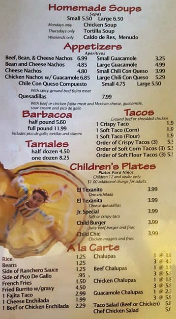 Menu at Casa de Don Lorenzo restaurant, San Marcos