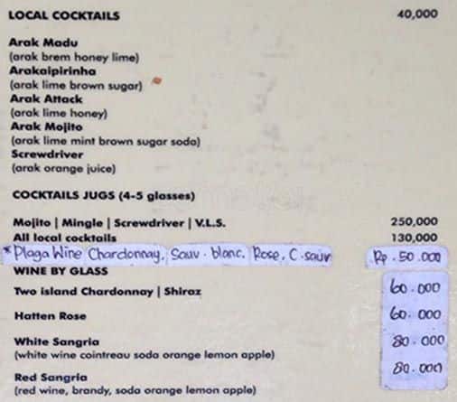 Menu at Warung Siam restaurant, Ubud