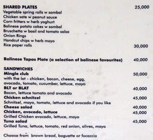 Menu at Warung Siam restaurant, Ubud