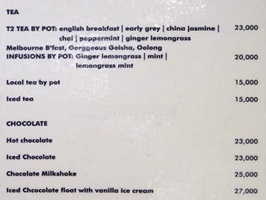Menu at Warung Siam restaurant, Ubud