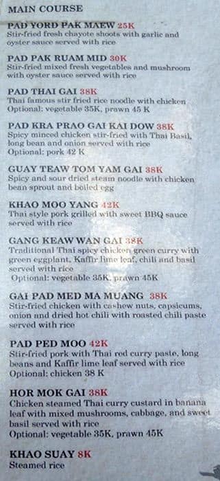 Menu at Warung Siam restaurant, Ubud