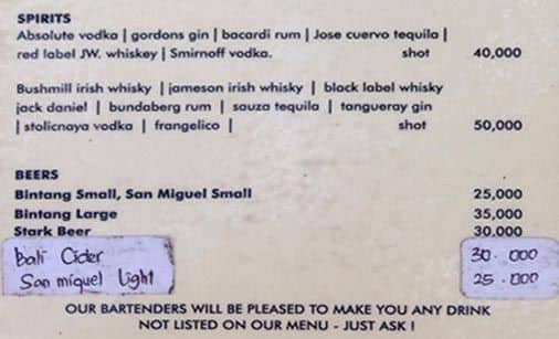 Menu at Warung Siam restaurant, Ubud