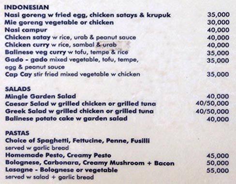 Menu at Warung Siam restaurant, Ubud