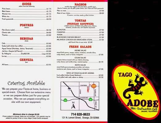 Menu at Taco Adobe restaurant, Orange