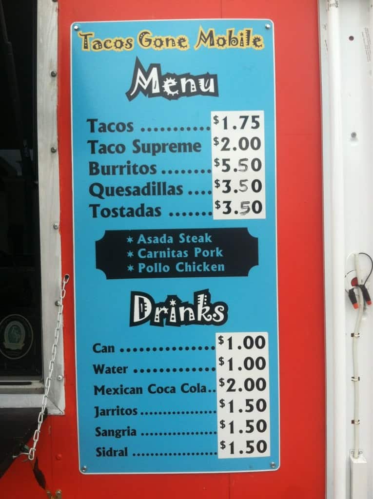 Menu at Tacos Gone Mobile restaurant, Tampa, E Fletcher Ave