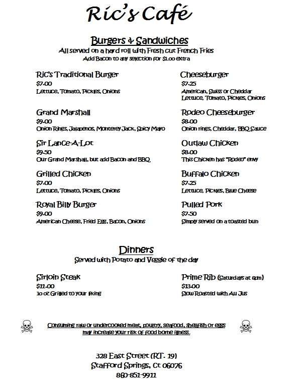 Menu at Ric's Place pub & bar, Stafford