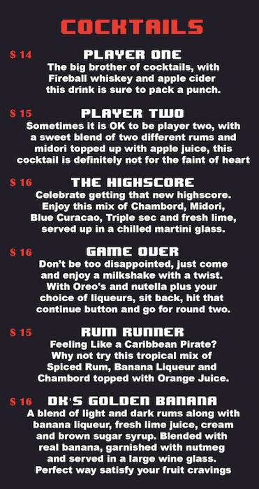 Menu at Spawn Point Video Game Bar, Sydney