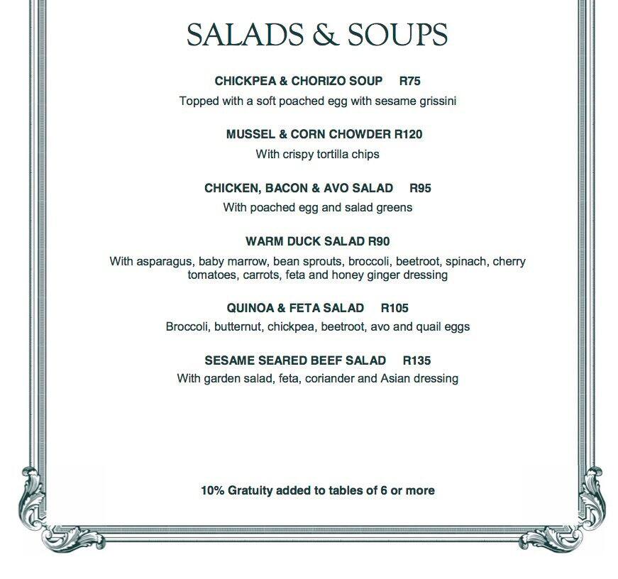 Menu at Sunset Deck restaurant, Cape Town, Beach Road