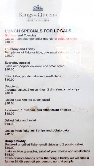 Menu at Kings & Queens Fish and Chips fast food, Camberwell