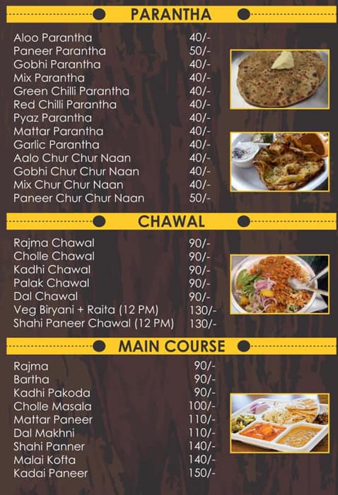 Menu at Murthal Parathe Wala, Delhi
