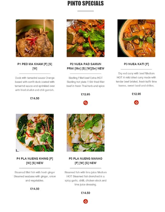 Menu at Pinto Thai restaurant, London