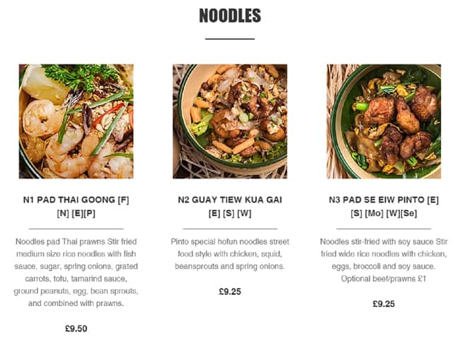 Menu at Pinto Thai restaurant, London