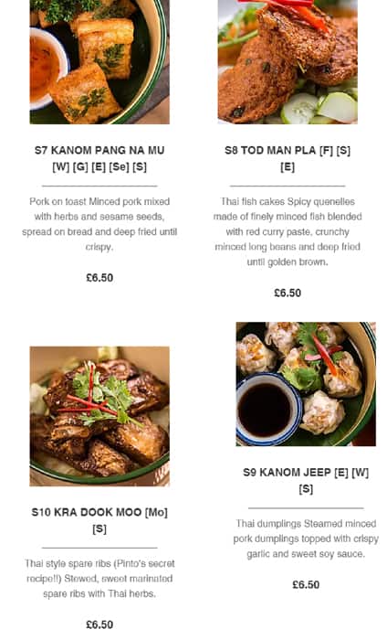 Menu at Pinto Thai restaurant, London