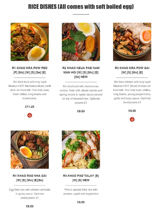 Menu at Pinto Thai restaurant, London