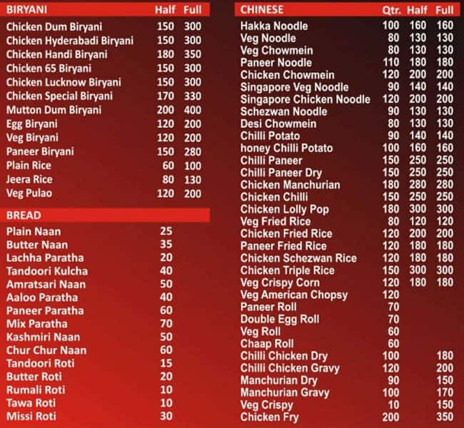 Menu of Mirchi, Crossing Republik, Ghaziabad