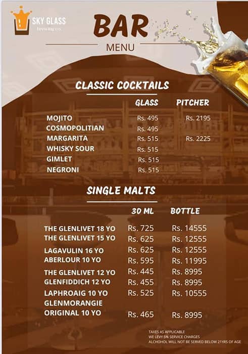 Menu of Sky Glass Brewing Co., Gomti Nagar, Lucknow