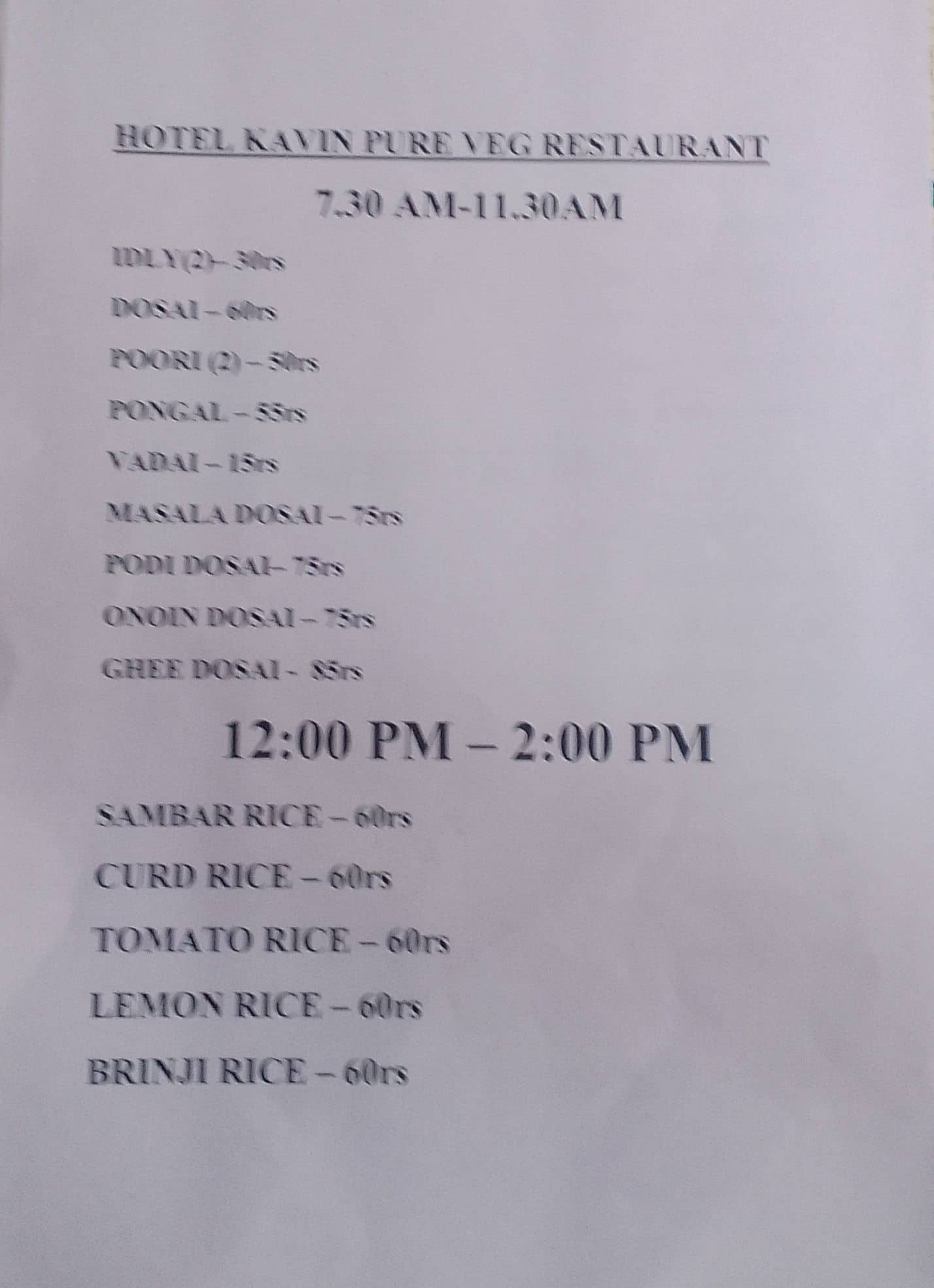 Menu of Hotel Kavin, Chromepet, Chennai