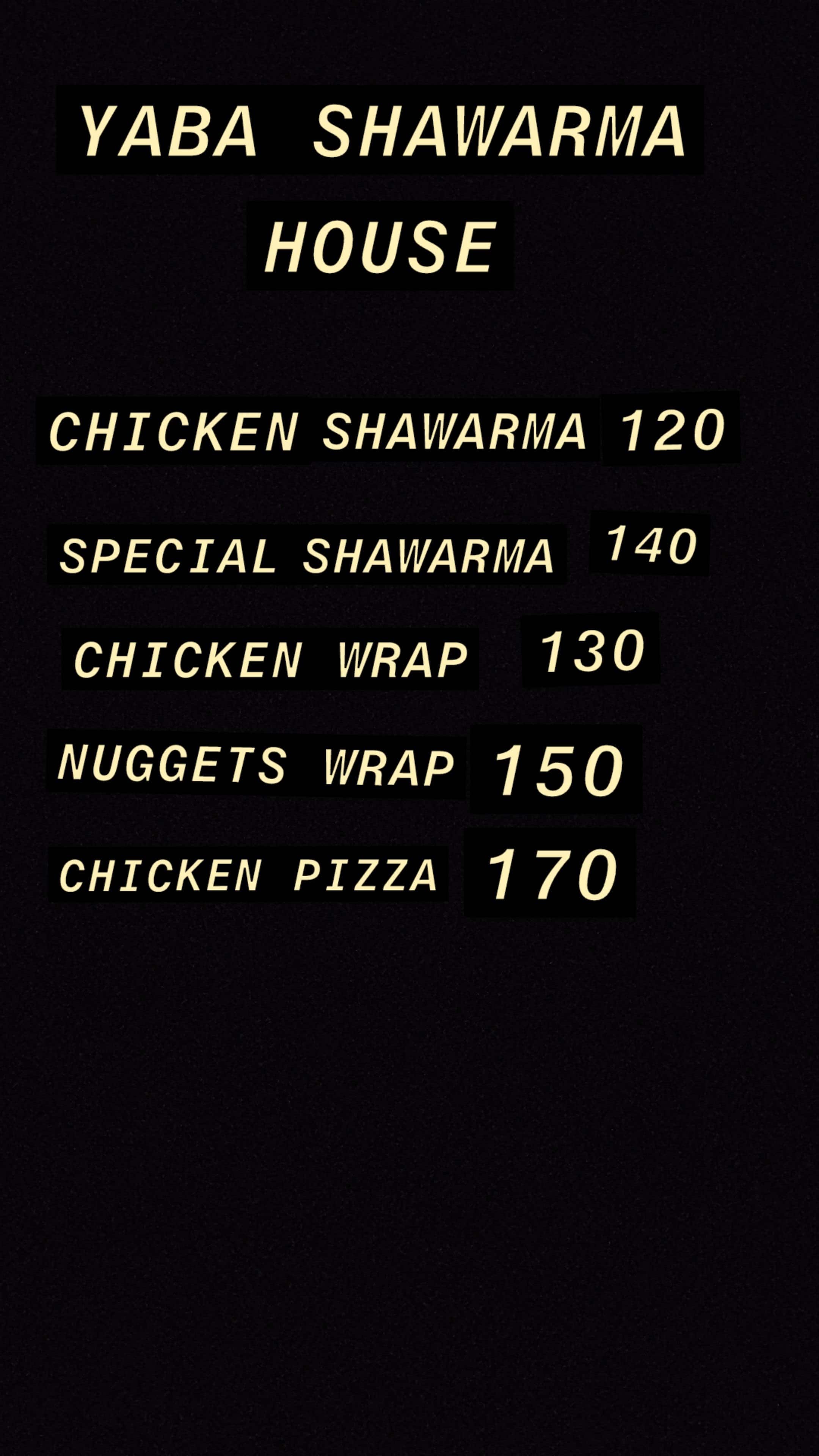 Menu of Yaba Shawarma House, Chandrayanagutta, Hyderabad