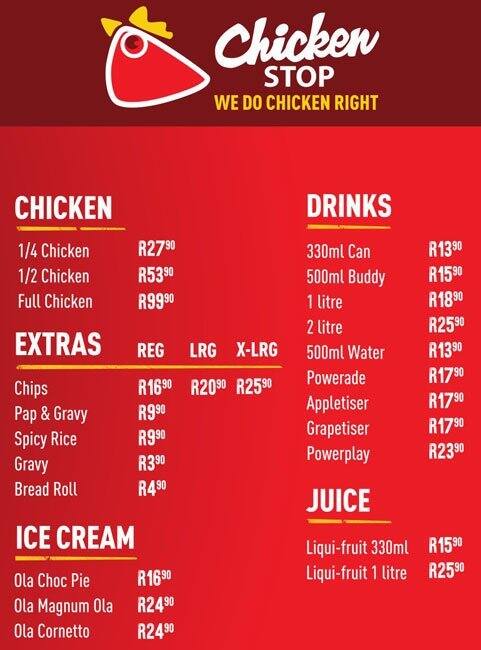 Carta del restaurante Chicken Stop, Johannesburgo, 54 Kotze St