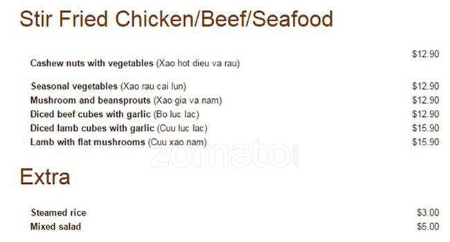 Menu at Little Hanoi Restaurant, Wellington
