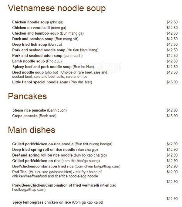 Carta de Little Hanoi Restaurant, Wellington
