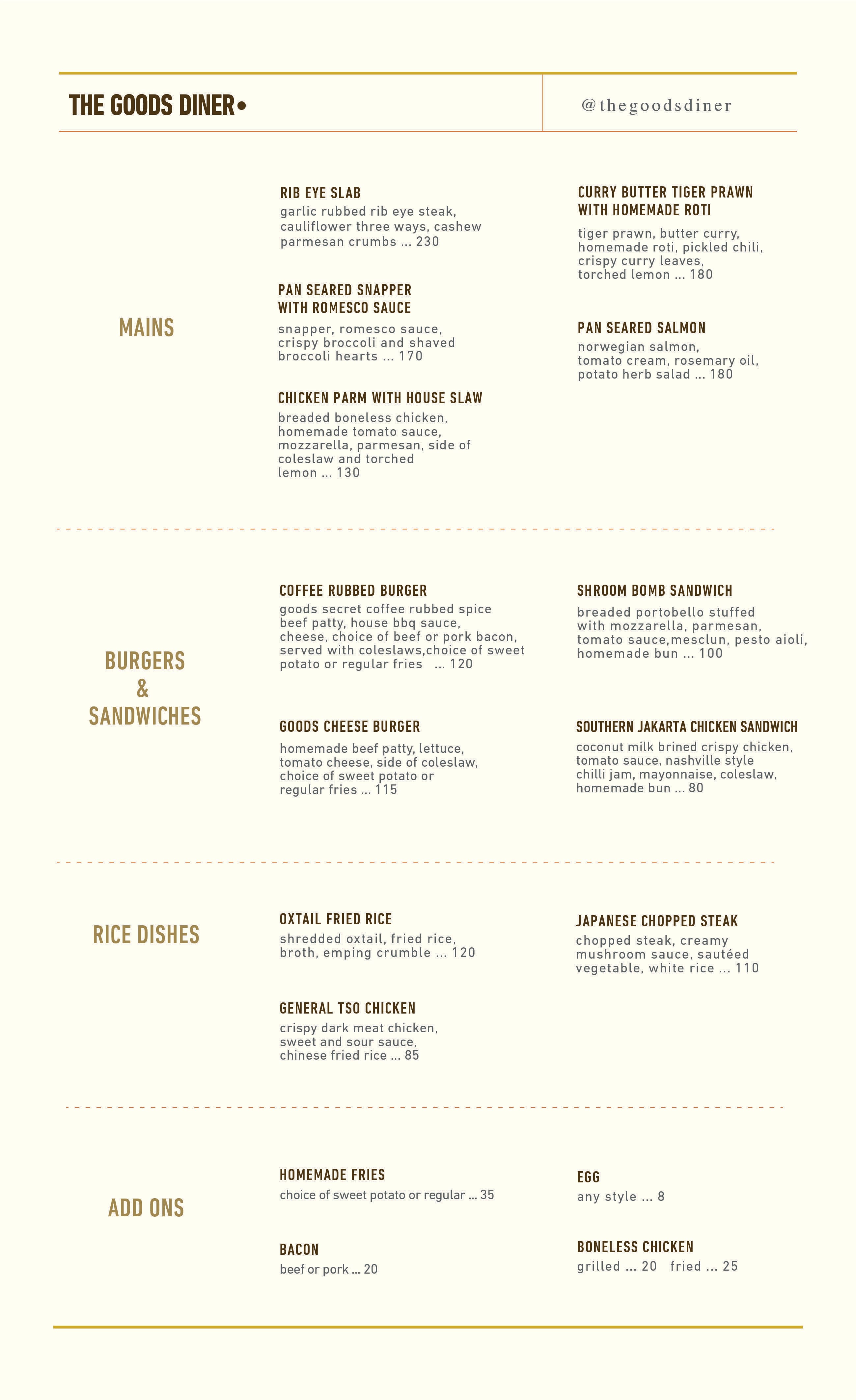 Menu at The Goods Diner restaurant, Jakarta, Jl. Jenderal Sudirman No.52-53