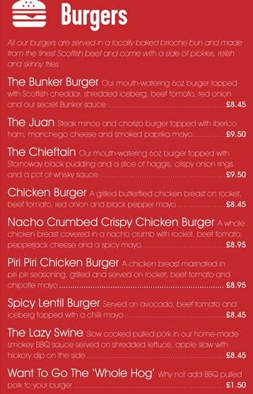 Menu at Bunker Bar, Glasgow