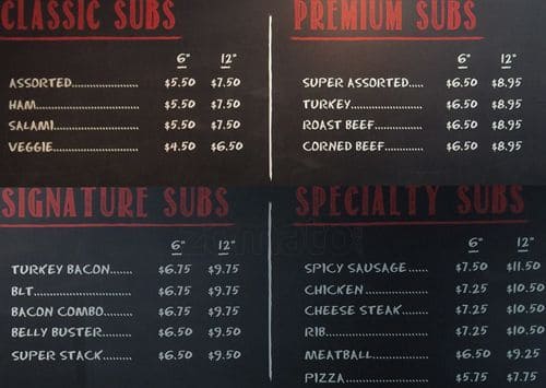 Menu at Belly Buster Submarines restaurant, Toronto, Yonge St