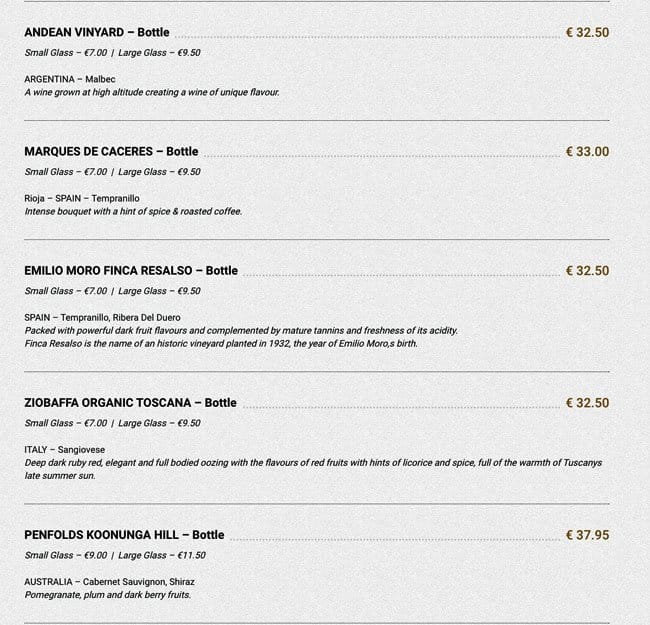 Menu at Trocadero Restaurant Dublin, Dublin