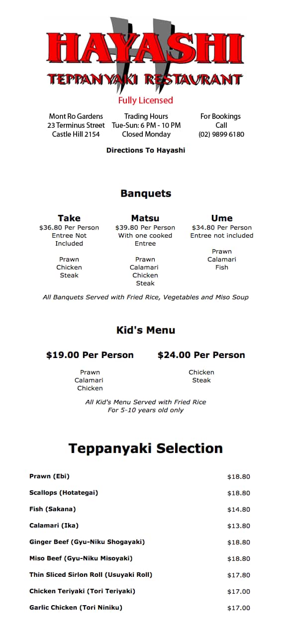 Menu at Hayashi Teppanyaki Restaurant, Castle Hill