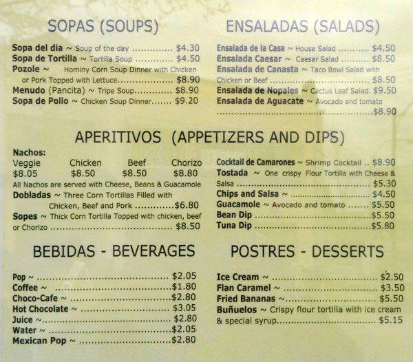 Menu at Ole Ole Mexican Cuisine restaurant, New Westminster