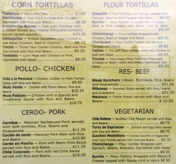 Menu at Ole Ole Mexican Cuisine restaurant, New Westminster