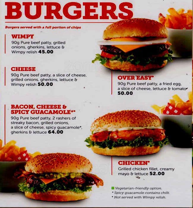 Menu at Wimpy restaurant, Hartbeespoort, Engen 1 Stop Umfula