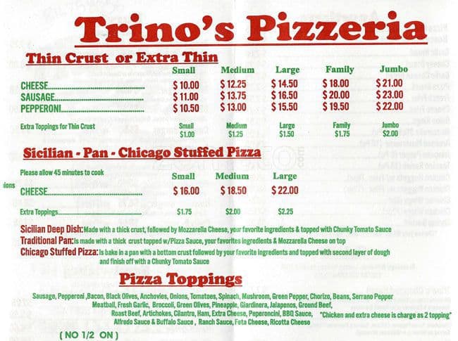 Menu at Trino's pizzeria, Chicago
