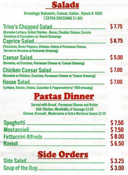 Menu at Trino's pizzeria, Chicago