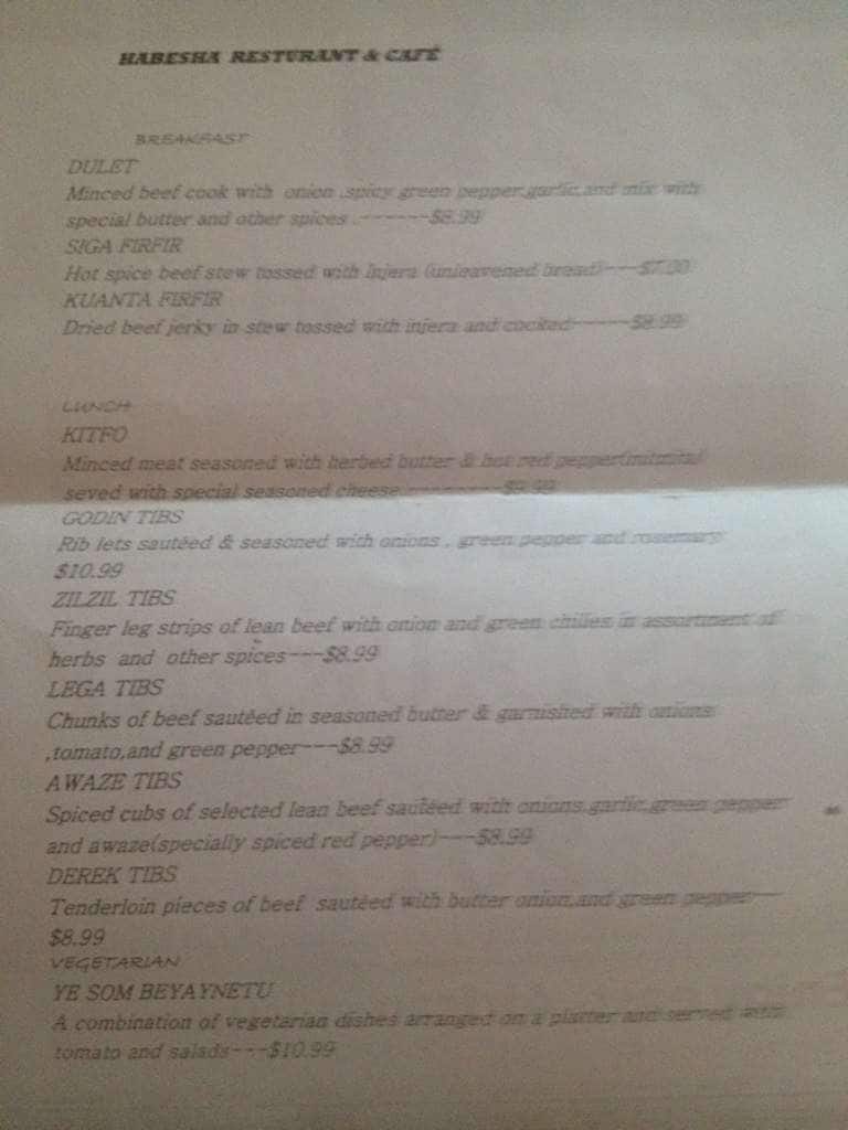 Menu at Habesha restaurant, Cincinnati