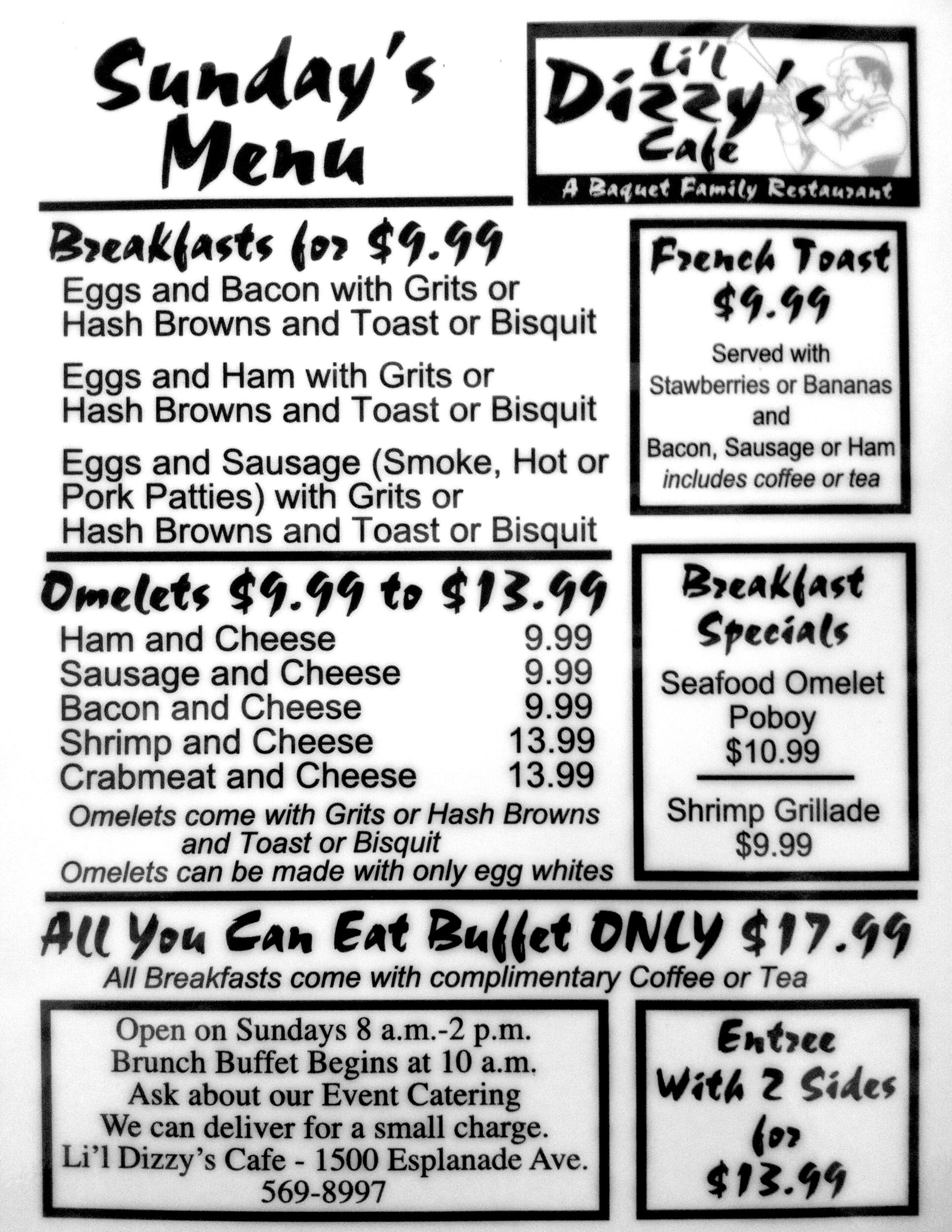 Menu at Lil’ Dizzy’s restaurant, New Orleans