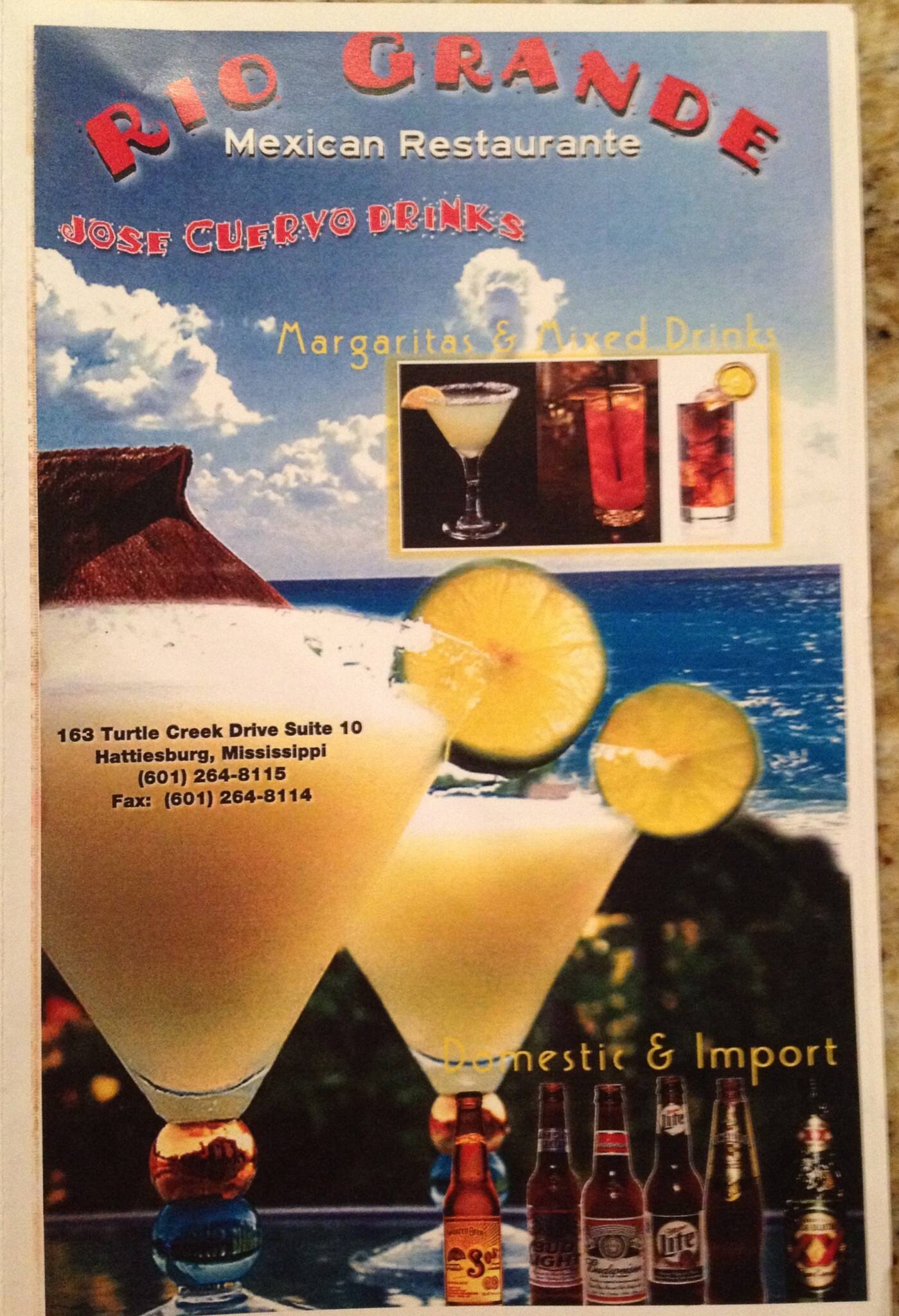 Menu at Rio Grande restaurant, Hattiesburg, 153 Turtle Creek Dr