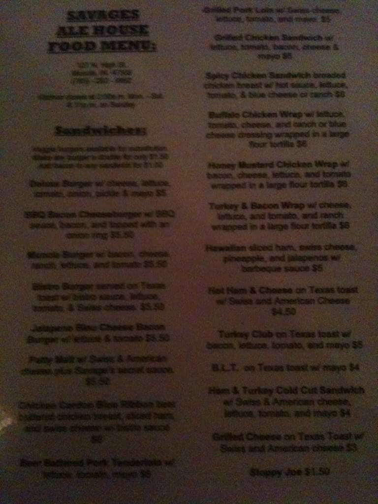 Menu at Savage's Ale House pub & bar, Muncie