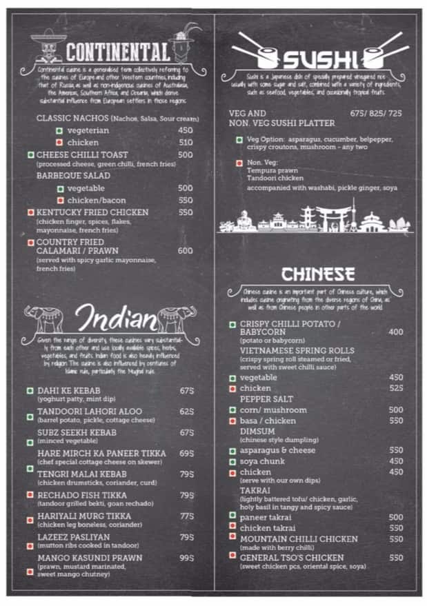 Menu of UG Reincarnated - HHI, Minto Park, Kolkata
