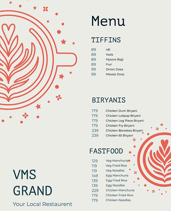 Menu of VMS Grand, Kondapur, Hyderabad