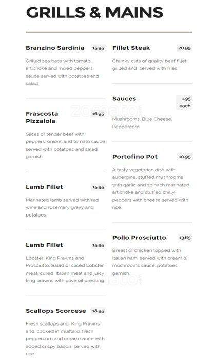 Menu at Portofino restaurant, Birmingham