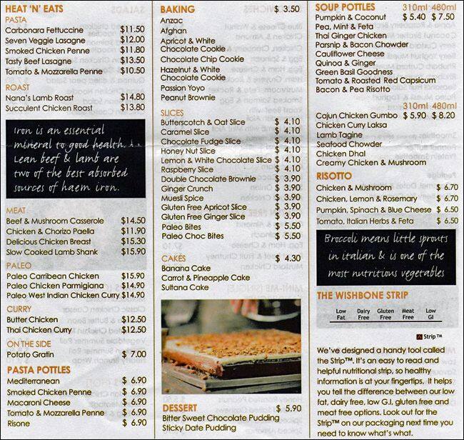 Menu at Wishbone fast food, Wellington, 7 Woodward Street