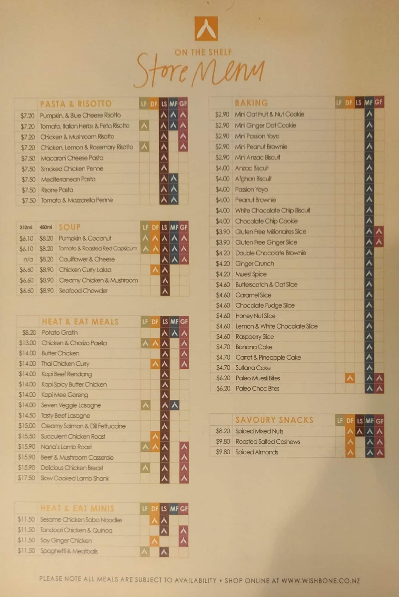 Menu at Wishbone cafe, Wellington, 1 The Terrace