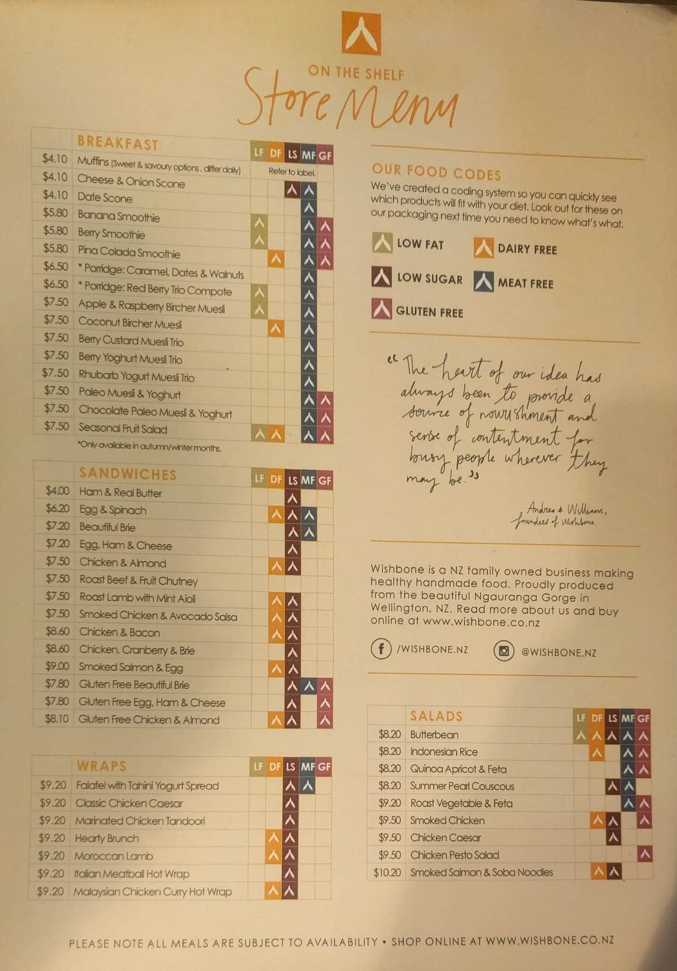 Menu at Wishbone cafe, Wellington, 1 The Terrace