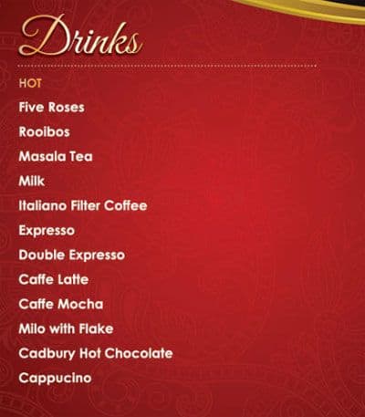 Menu at Swaadisht Foods Shallcross restaurant, Durban, 1