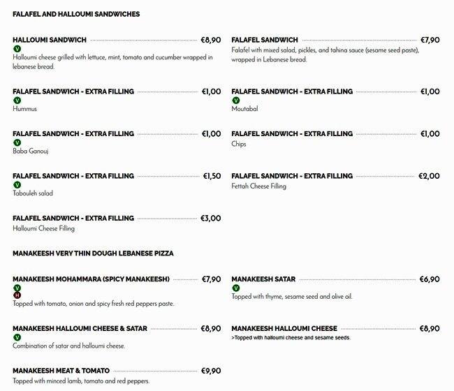 Menu at Rotana Cafe, Dublin, 31 Richmond St S