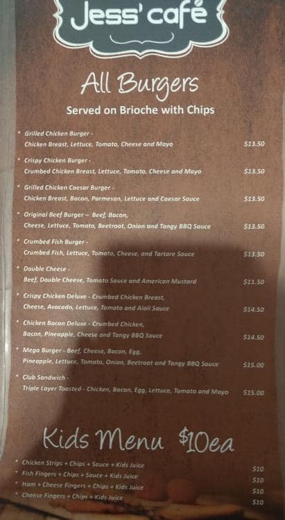 Menu at Jess' Cafe, Castle Hill