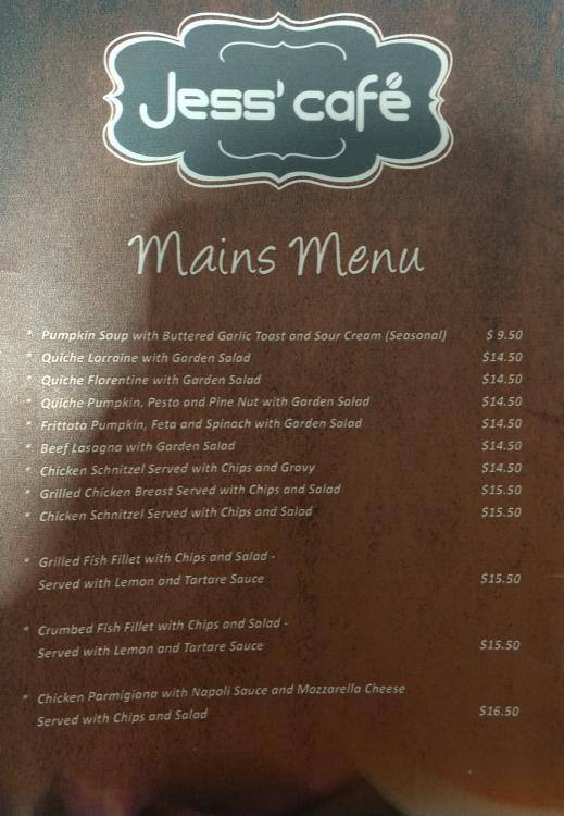 Menu at Jess' Cafe, Castle Hill