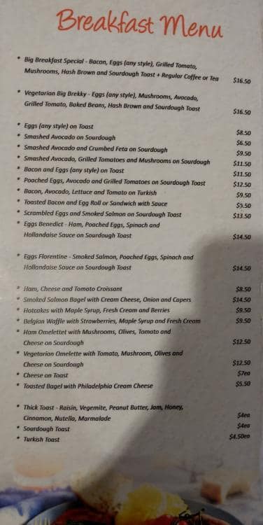 Menu at Jess' Cafe, Castle Hill